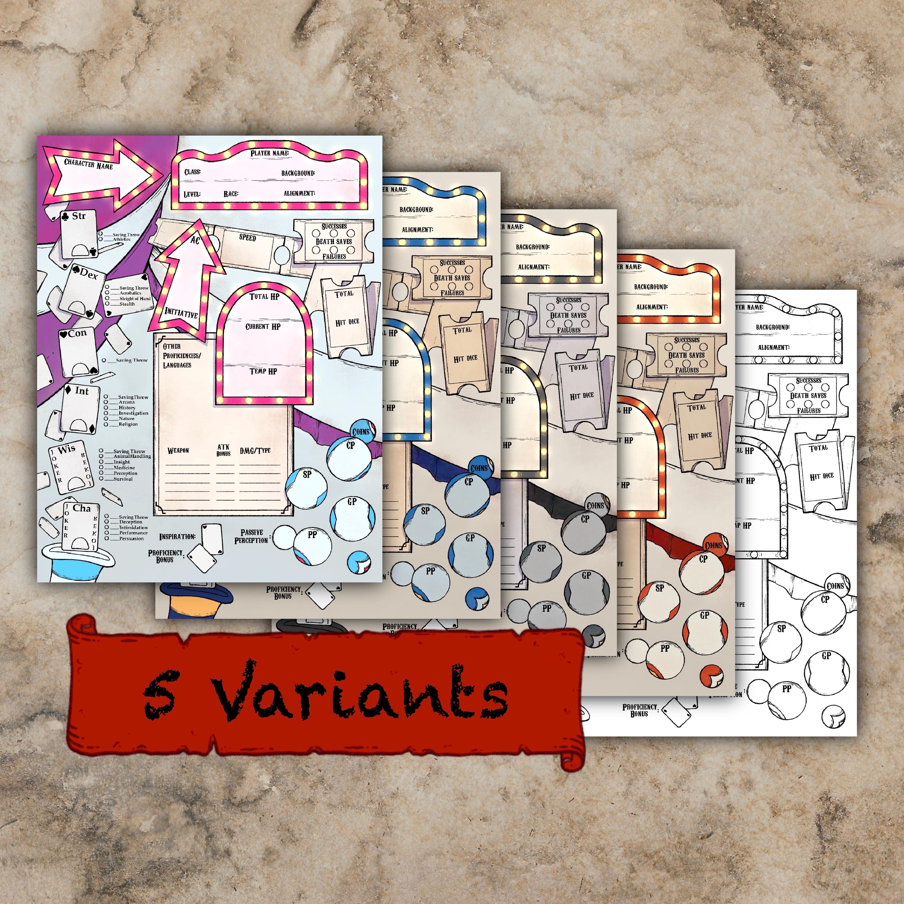 DND Circus Night Character Sheet | Printable PDF - Etsy