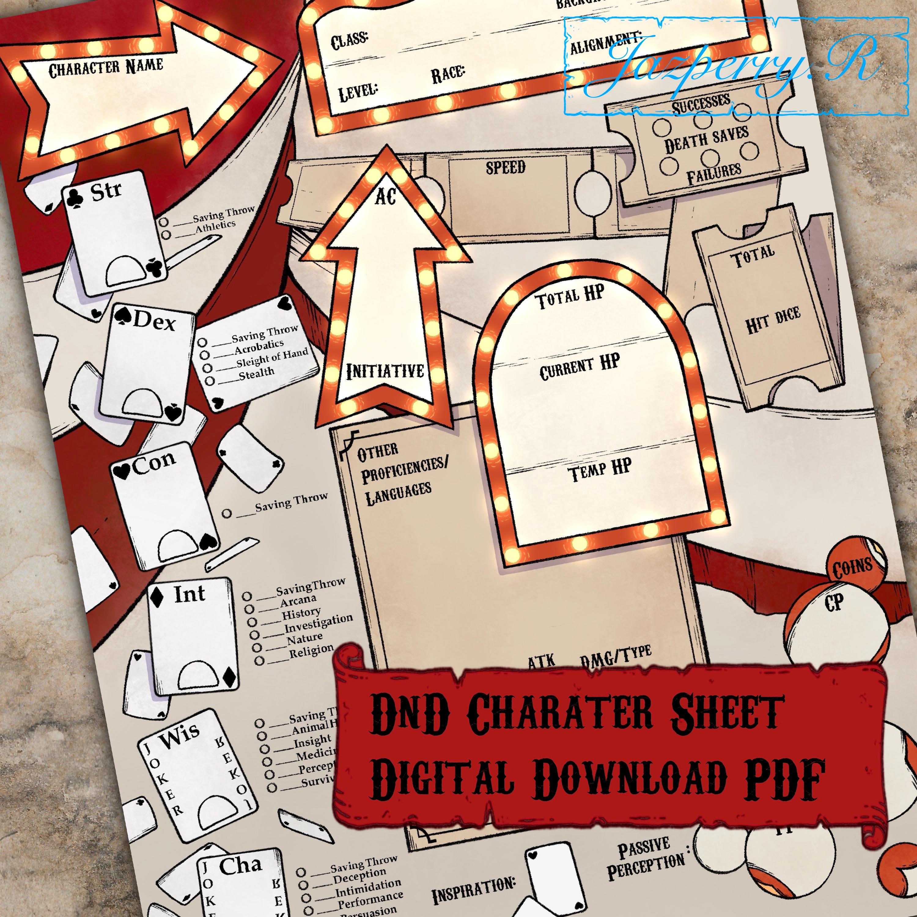 DND Circus Night Character Sheet | Printable PDF - Etsy