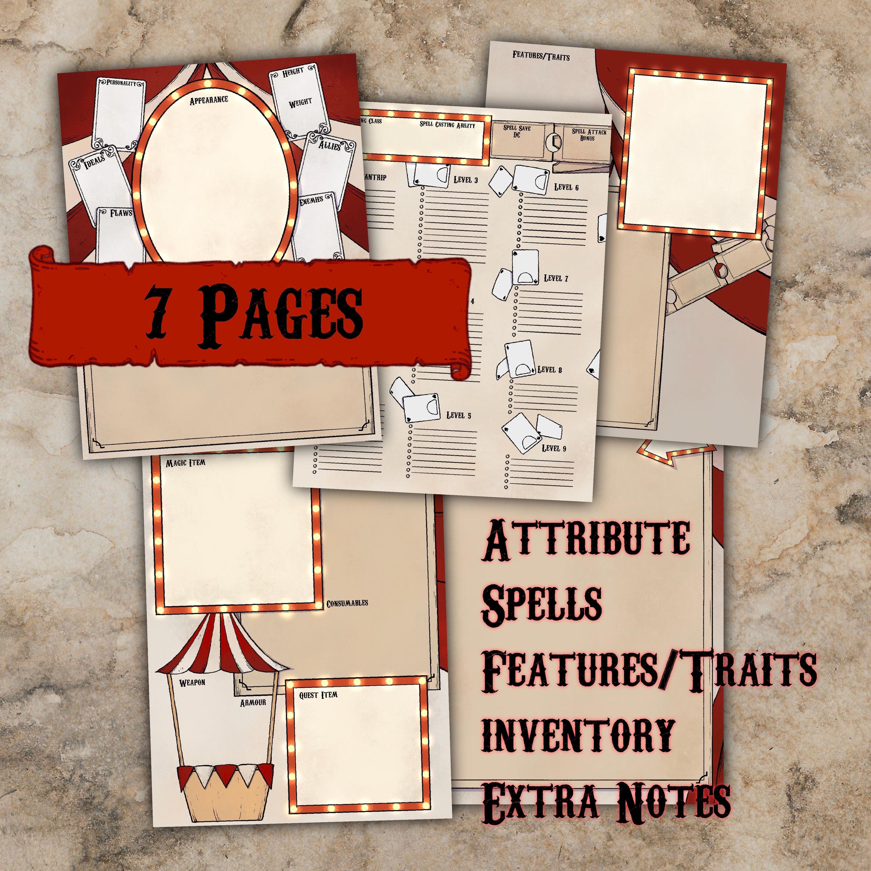 DND Circus Night Character Sheet | Printable PDF - Etsy