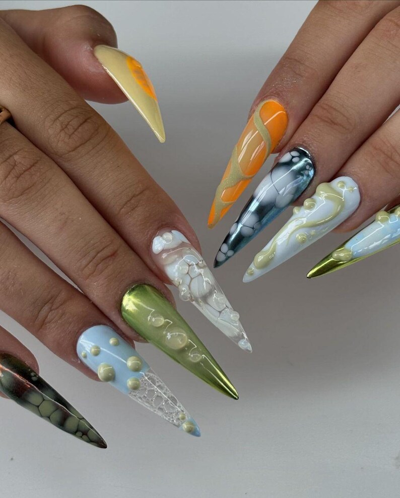 Abstract Chrome Press on Nails Unique Geometric and Metallic Designs ...