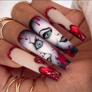 Blood Drip Horror Nails Scary Face Art Press-on Nails Halloween Nail Art Handmade Horror-themed ...