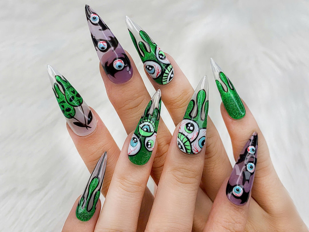 Hand-painted Free-style Press on Nails Monster Eye 3D Halloween Nails ...