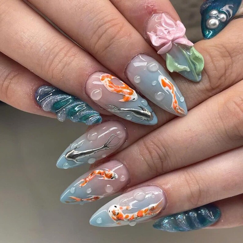 3D Koi Fish Press on Nail Ocean Wave and Koi Fish Nail Art Ocean-themed ...