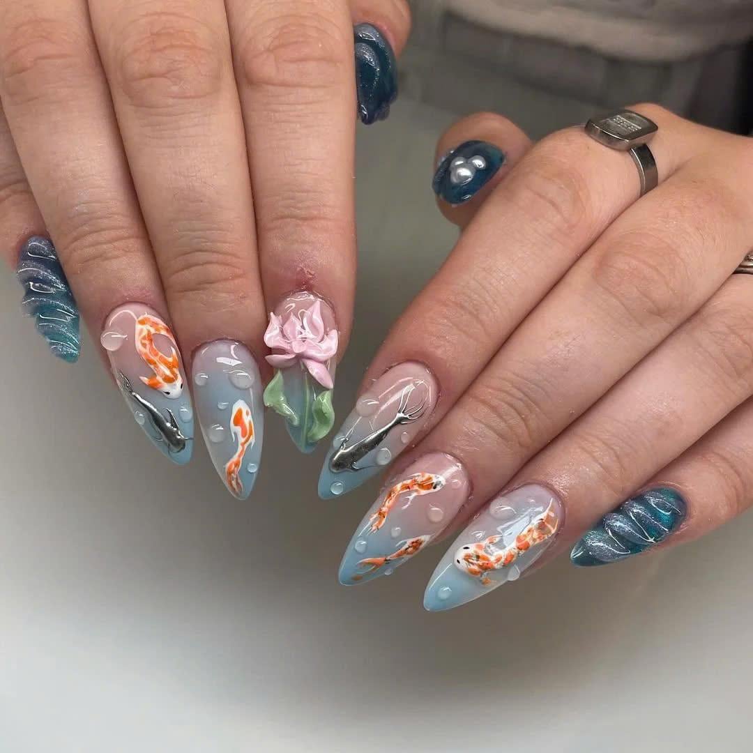3D Koi Fish Press on Nail Ocean Wave and Koi Fish Nail Art Ocean-themed ...