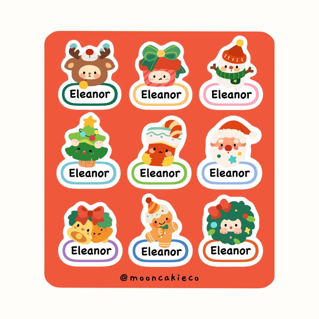 Christmas Themed Custom Name Label | Cute Holiday Sticker Set | Festive ...