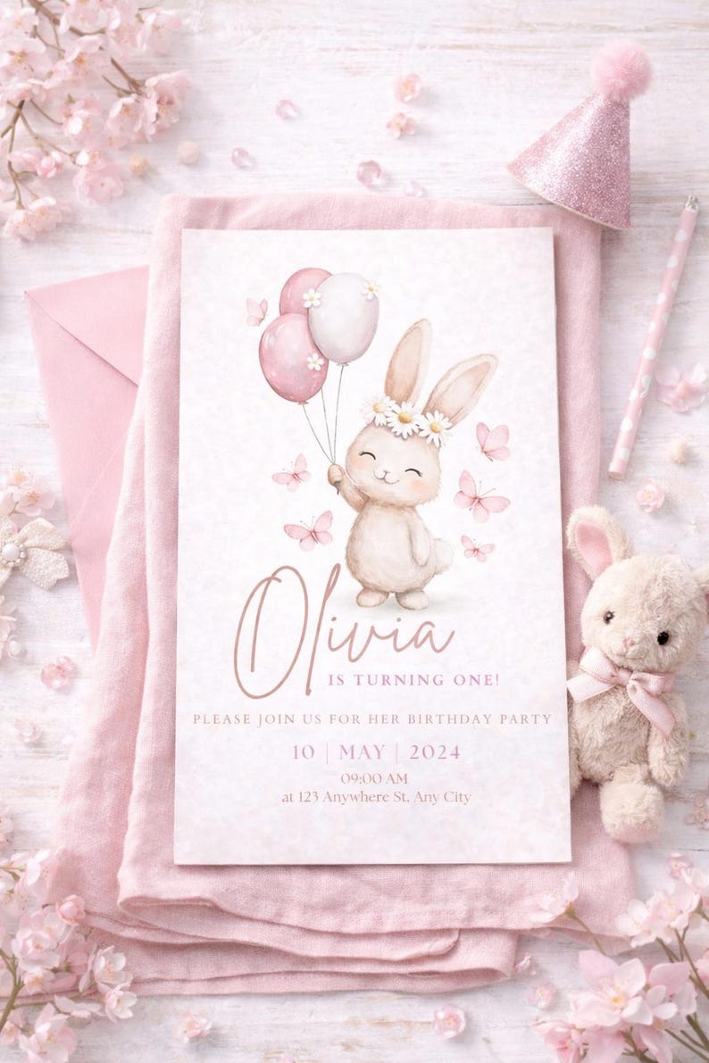 Editable Bunny First Birthday Invitation | Baby Bunny Invite | One ...
