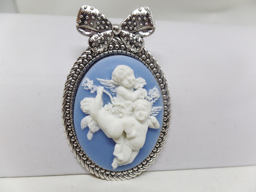 Blue Cherub Cameo Brooch Pin: Bronze Tone Bow Pendant - Etsy