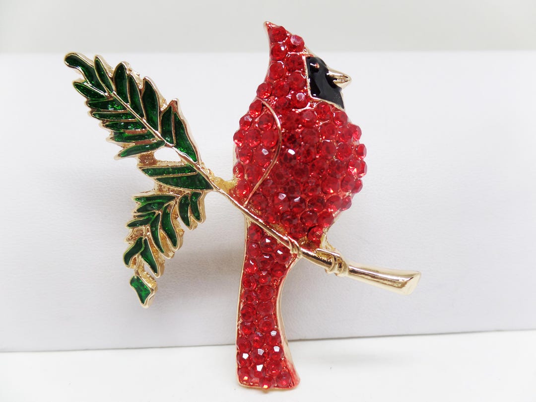 Red Crystal Cardinal Bird on Branch Christmas Holiday Brooch Pin - Etsy