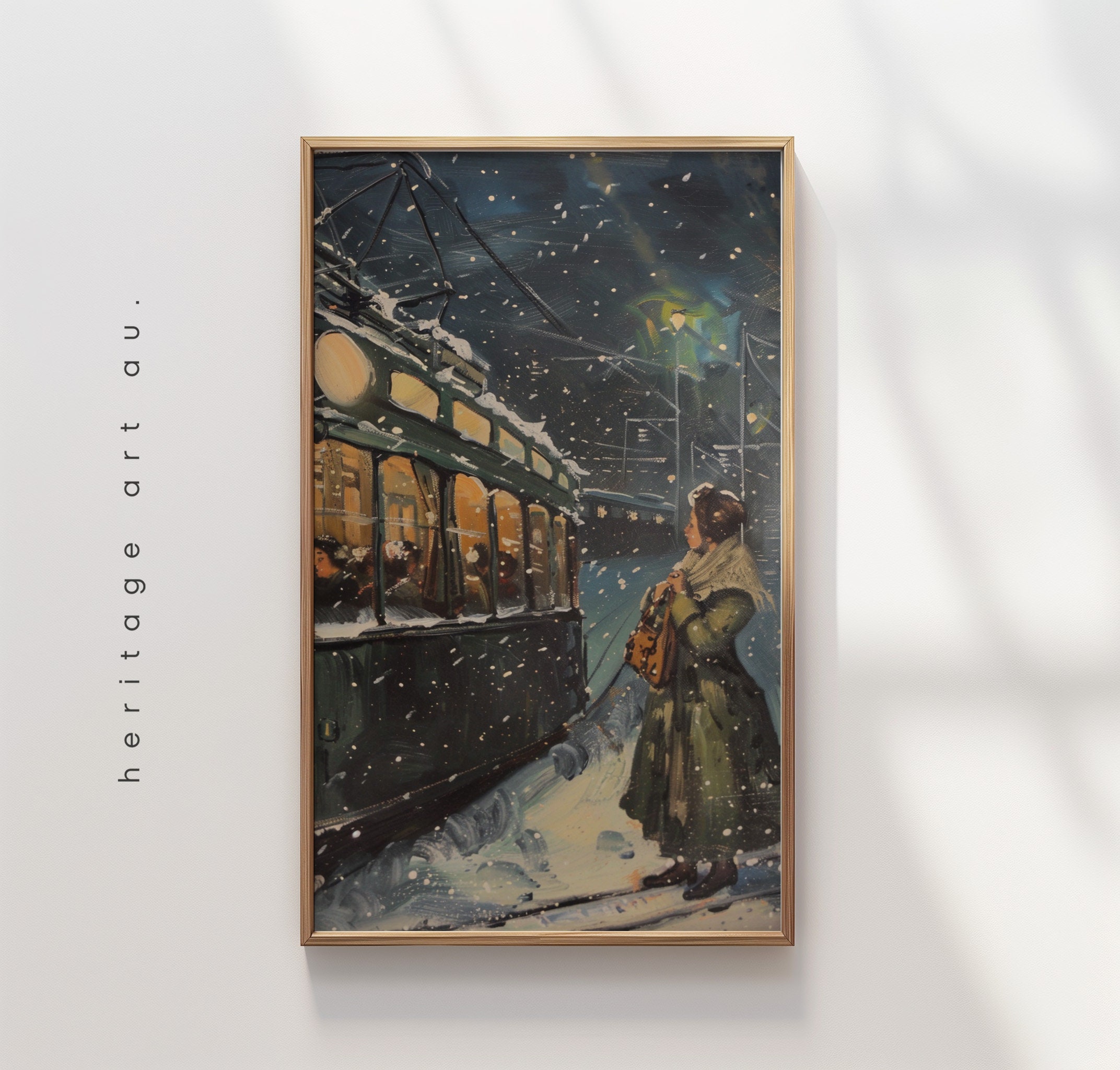Winter Tram Car Snow Digital Download, Oil Painting, Vintage Home Decor ...