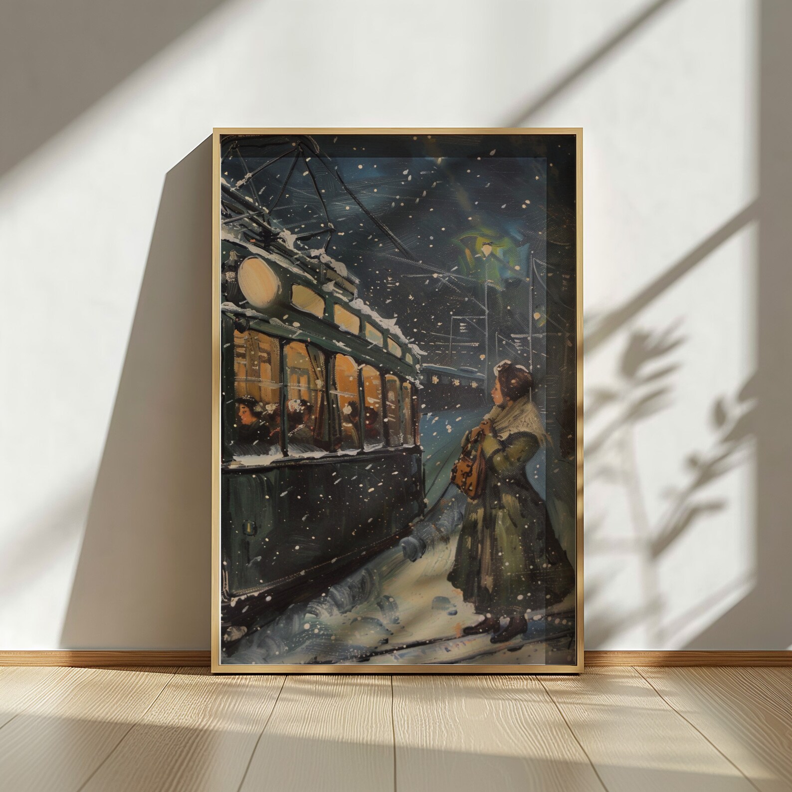 Winter Tram Car Snow Digital Download, Oil Painting, Vintage Home Decor ...