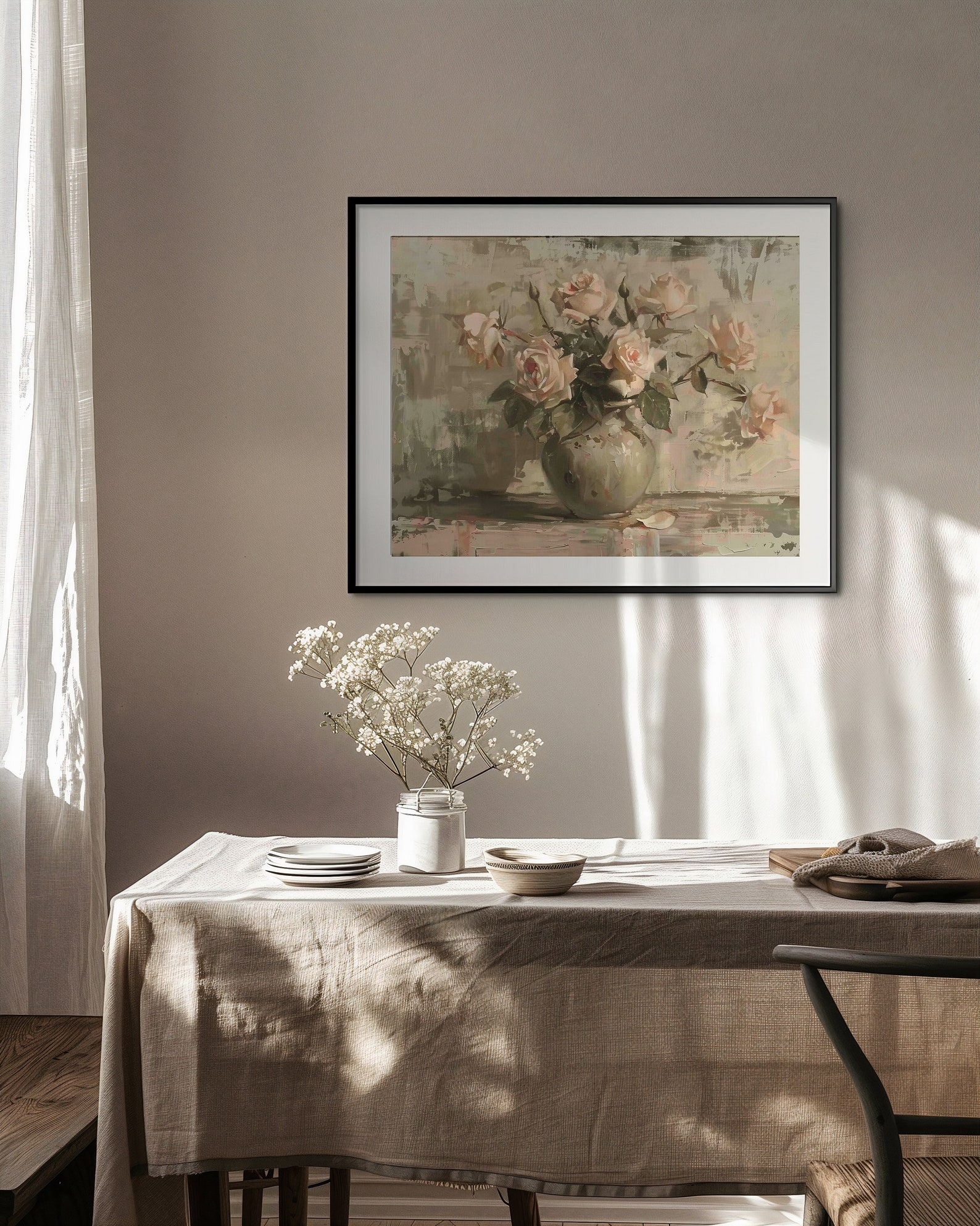 Roses Rustic Tones, Antique Vase Pink Roses, Farmhouse Wall Art Decor ...