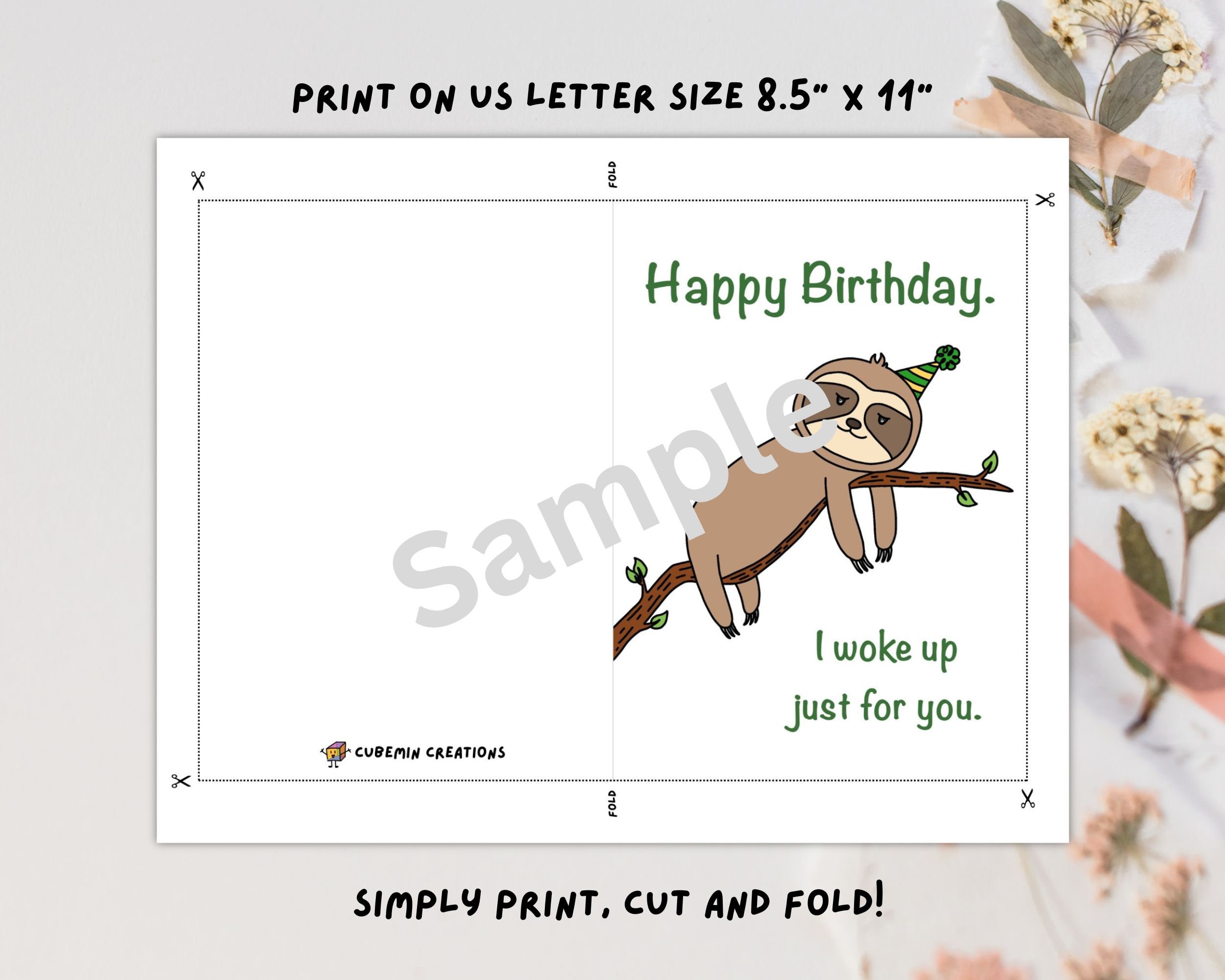 Sleepy Sloth Printable Birthday Card Digital Download 5 X 7 Greeting ...