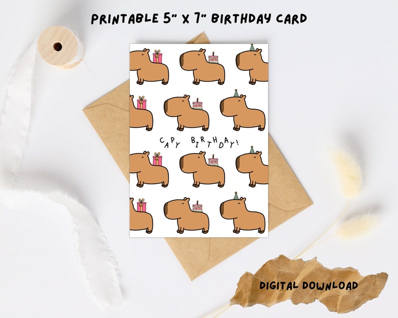Capybara Printable Birthday Card | Digital Download | 5 X 7 Greeting ...