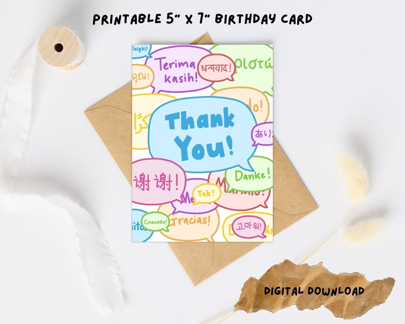 Printable Thank You Card in Multiple Languages Digital Download 5 X 7 ...
