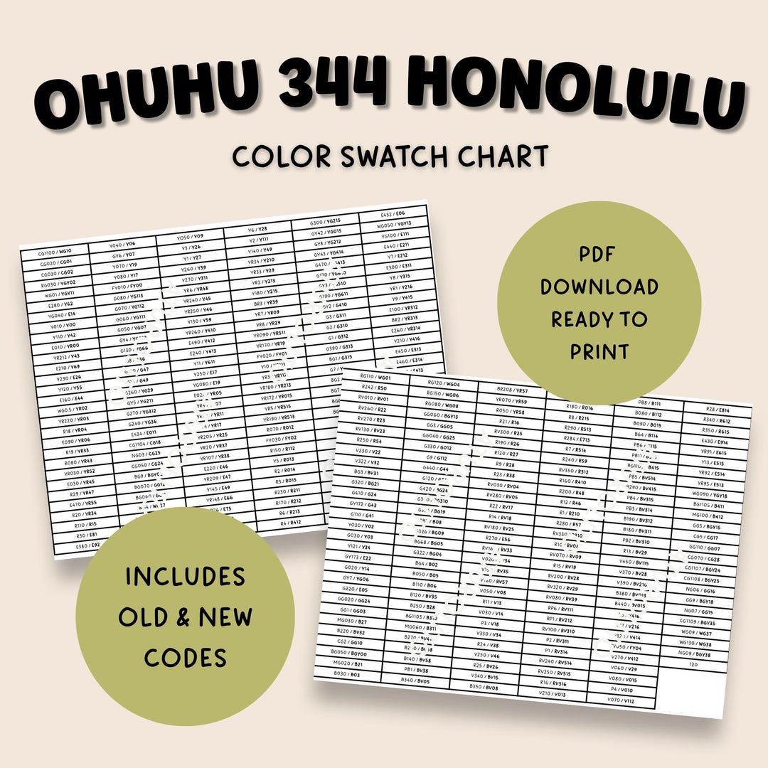 Ohuhu Honolulu 344 Swatch Printable, New & Old Codes Template, Digital ...