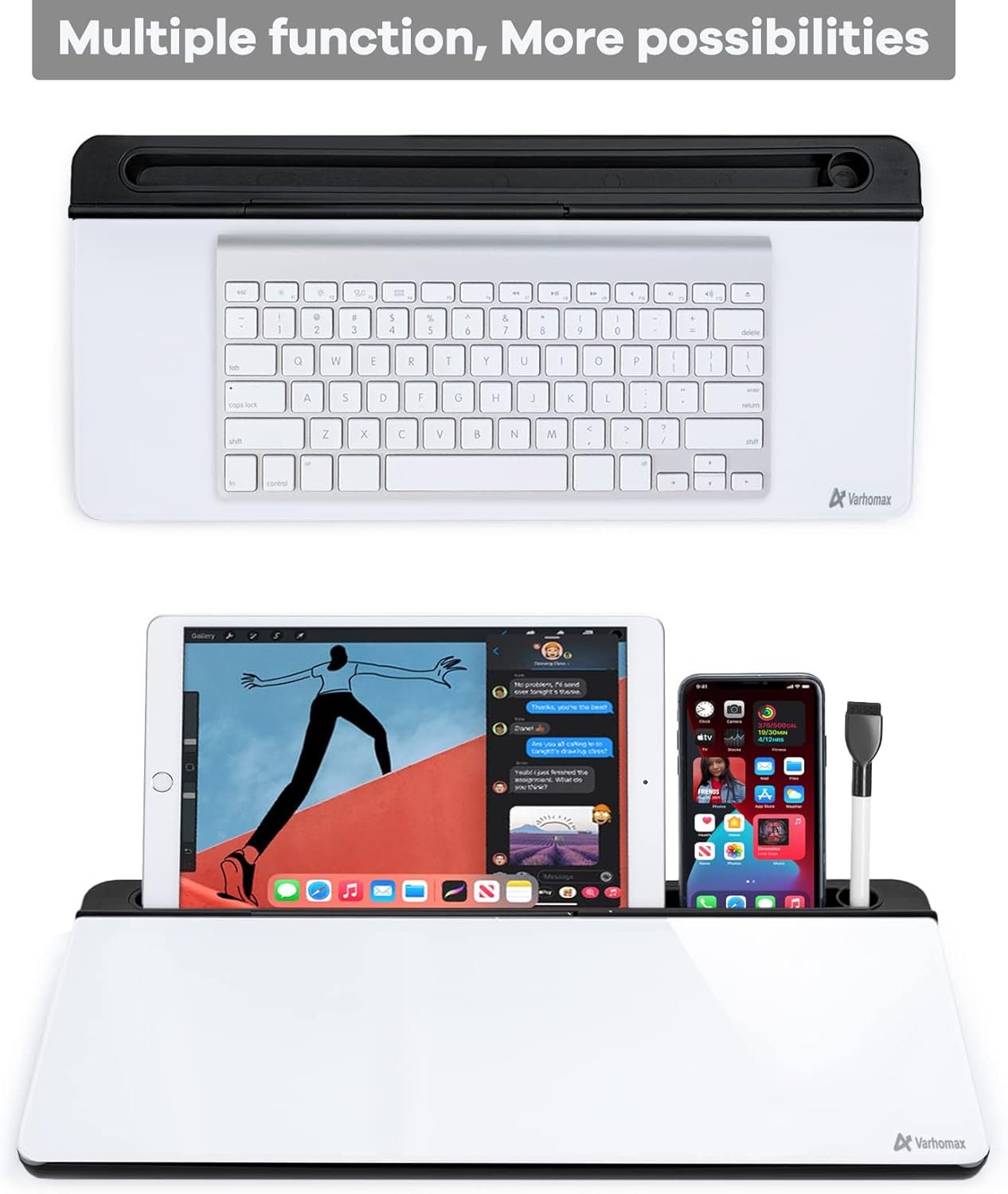 White Glass Desk Whiteboard With Storage and Keyboard Stand Organizers ...