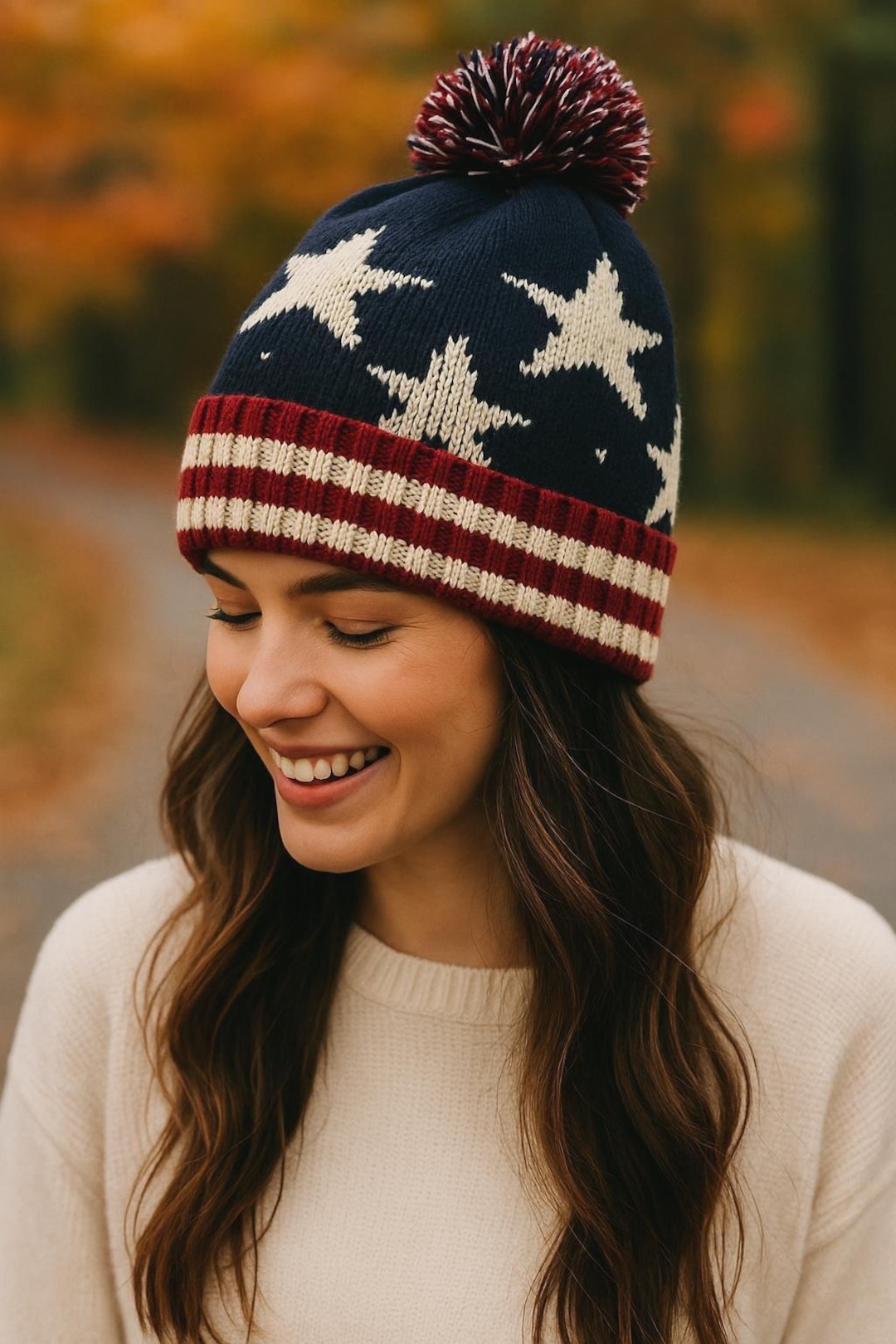 Patriotic American Flag Beanie Hat With Pom Pom – Off-white, Red & Blue ...