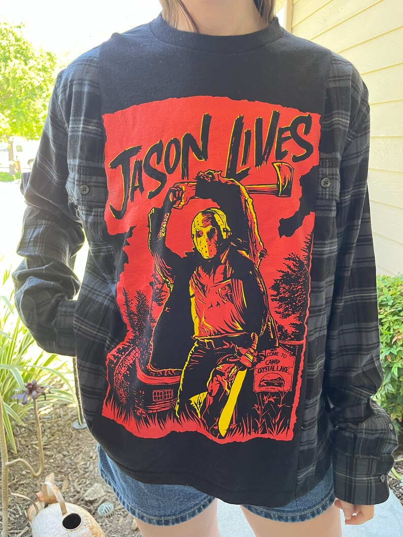 Camp Crystal Lake Jason Lives Halloween Reworked Flannel Shirt Upcycled ...