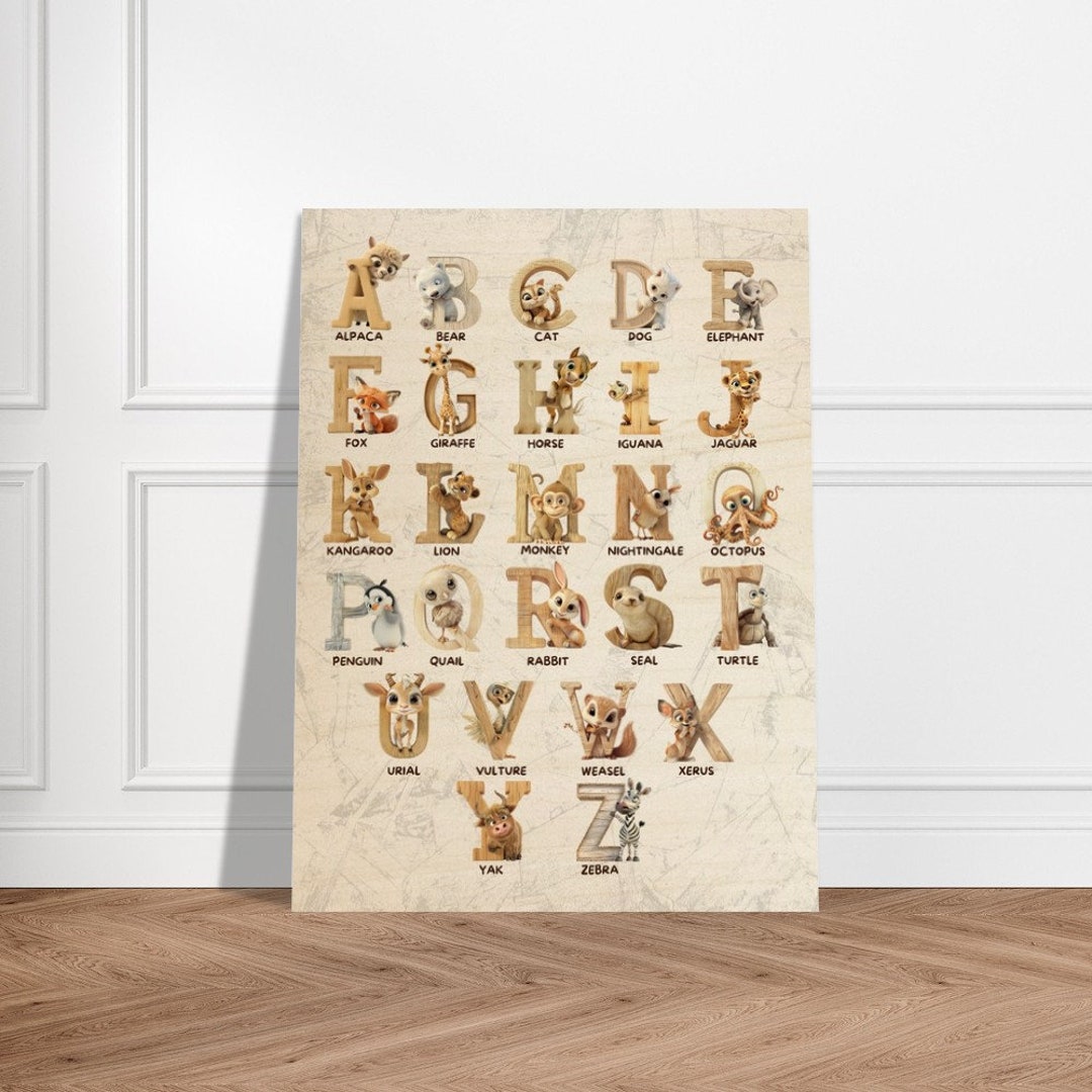 Wooden Alphabet Animal Print Wall Art - Nursery Decor A-Z and 1-100 - Etsy