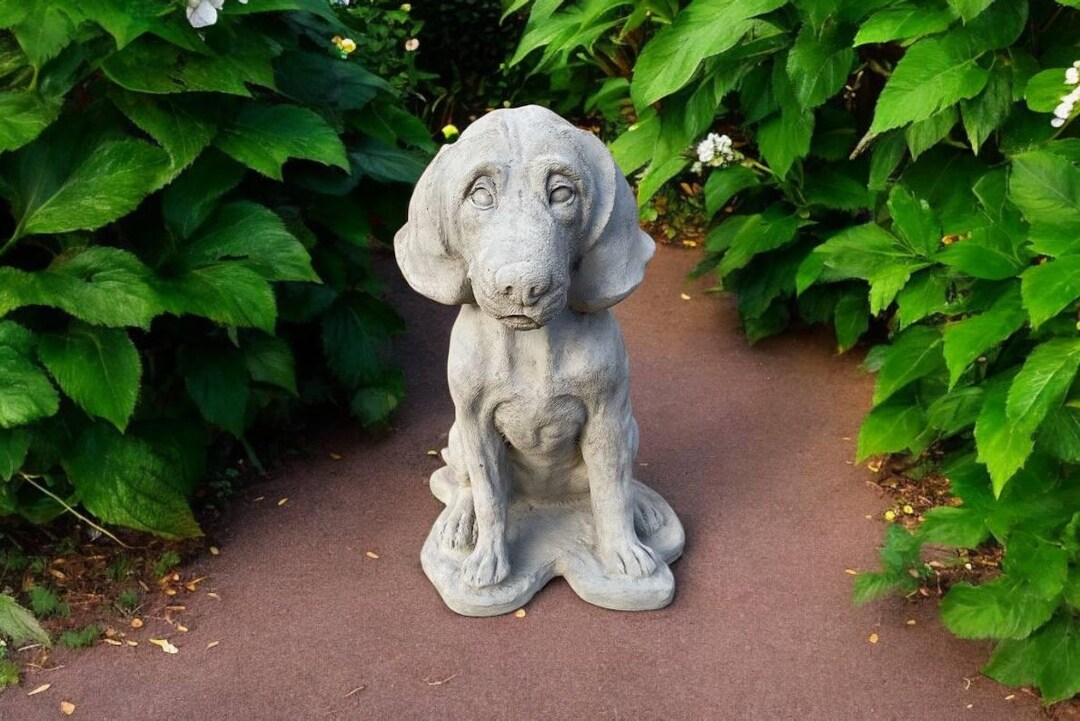 Sitting Beagle Dog Sculpture, Concrete Dog on Base Statue, Backyard ...