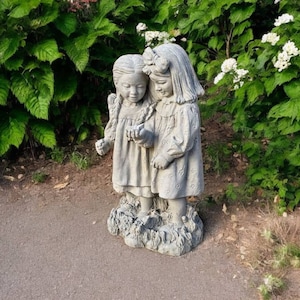 Standing Two Girls With Butterfly Statue, Backyard Cement Two Kids ...