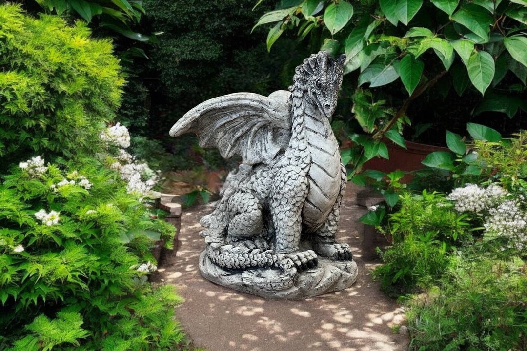 Sitting Dragon Figurine, Concrete Fantasy Decoration, Stone Indoor ...
