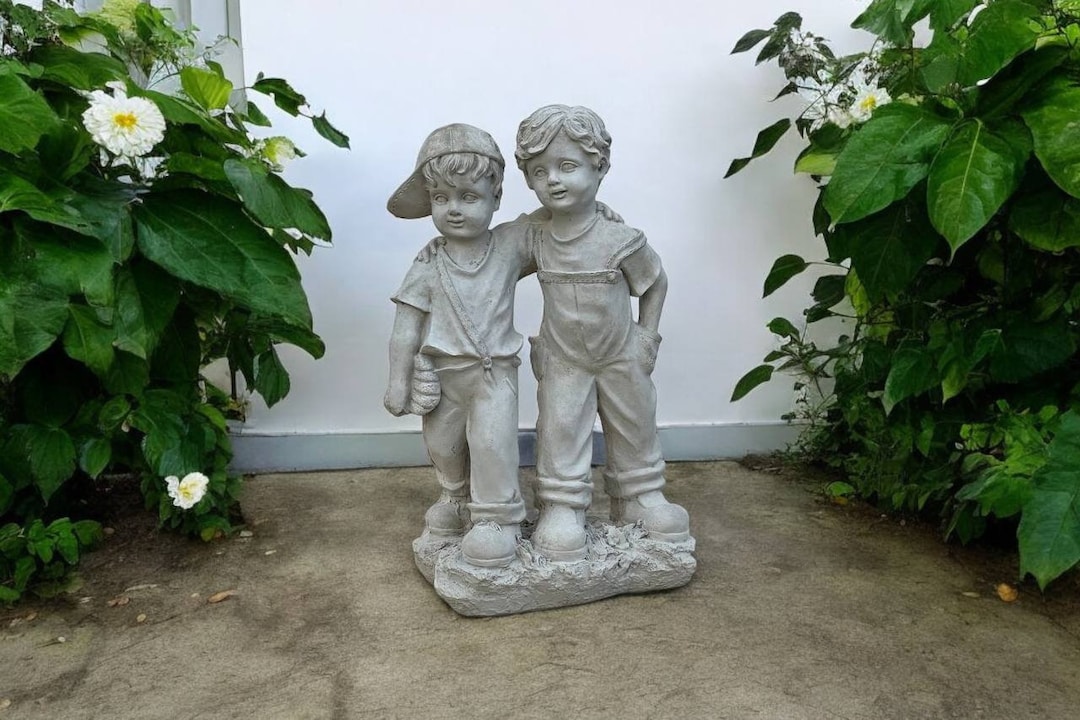 Cement Boys Figurine, Concrete Kids Pair With Baseball Statue, Outdoor ...