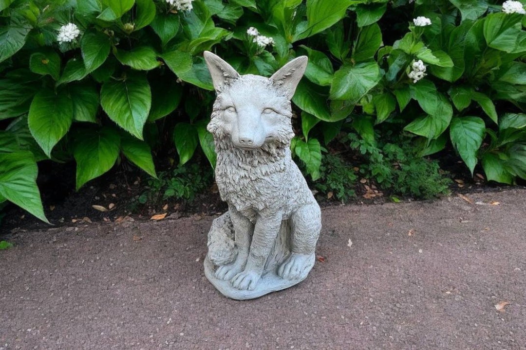 Sitting Wild Fox Sculpture, Forest Animal on Base Large Statue ...