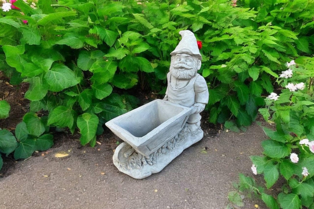 Stone Gnome Sculpture, Wheelbarrow Flower Pot, Garden Planter, Outdoor Gnome Decoration, Pot for ...