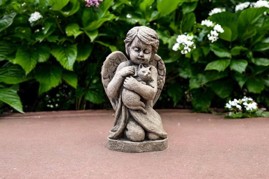 Sitting Cherub With Kitten Statue, Yard Kneeling Child Figure, Backyard ...