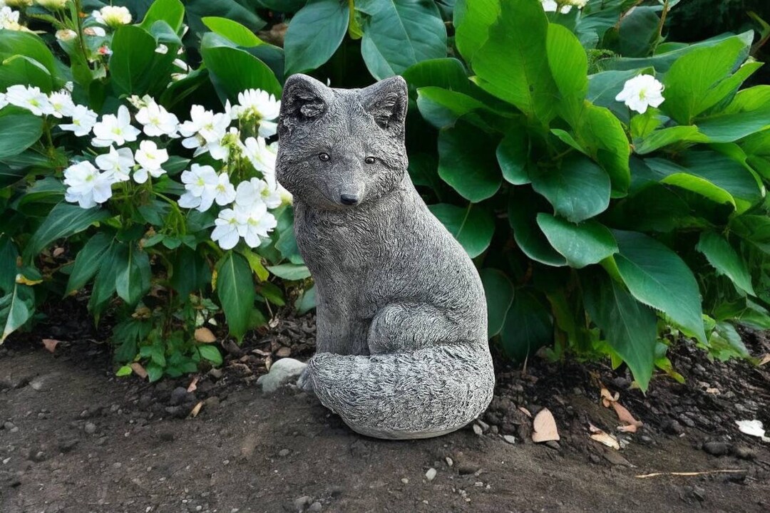Concrete Sitting Fox Statue, Cement Forest Animal on Base Figurine ...