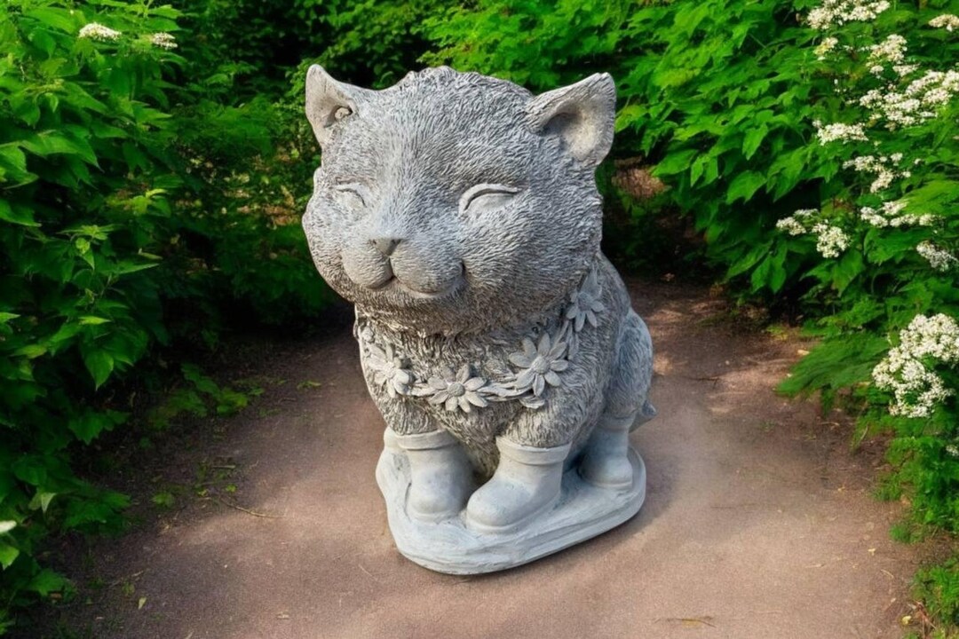 Garden Kitten With Flowers, Stone Sitting Cat Statue, Outdoor Beton Cat ...