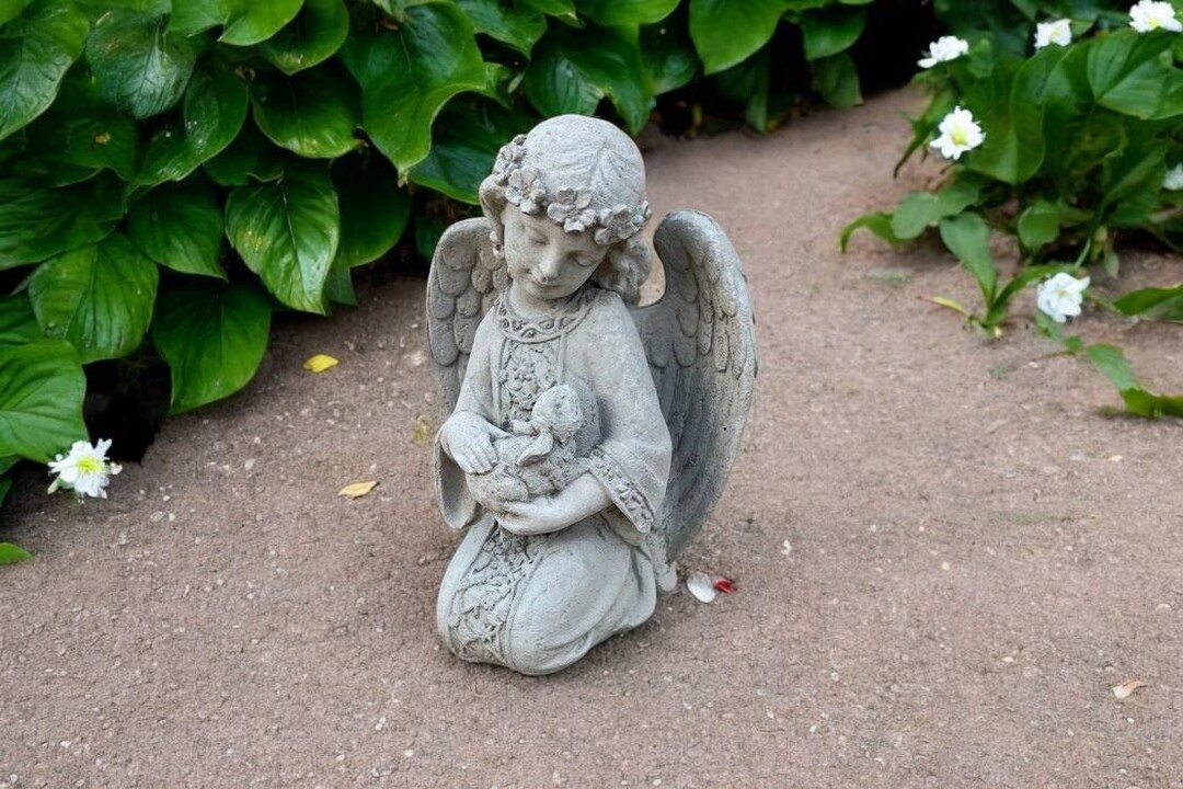 Angel Holding Bunny Sculpture, Concrete Girl With Rabbit Statue ...