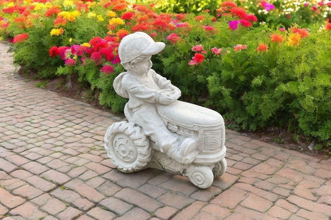 Stone Boy on Tractor, Yard Decor, Beton Kids Ornament, Lawn Boy Idea ...
