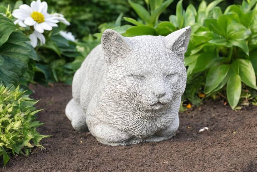 Cement Crouching Cat Statue, Garden Pet Loss Gift Sculpture, Concrete ...