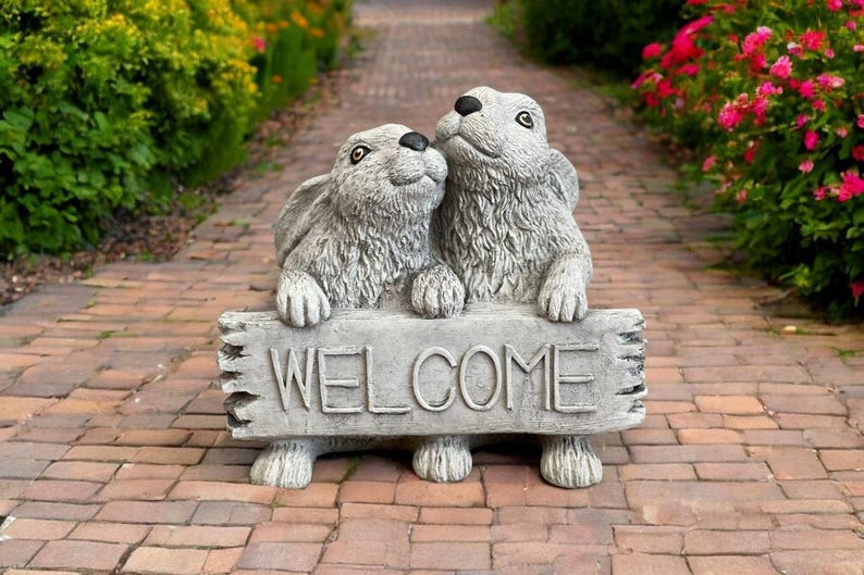 Rabbits With Welcome Sign, Concrete Animals Idea, Outside Home Sign ...