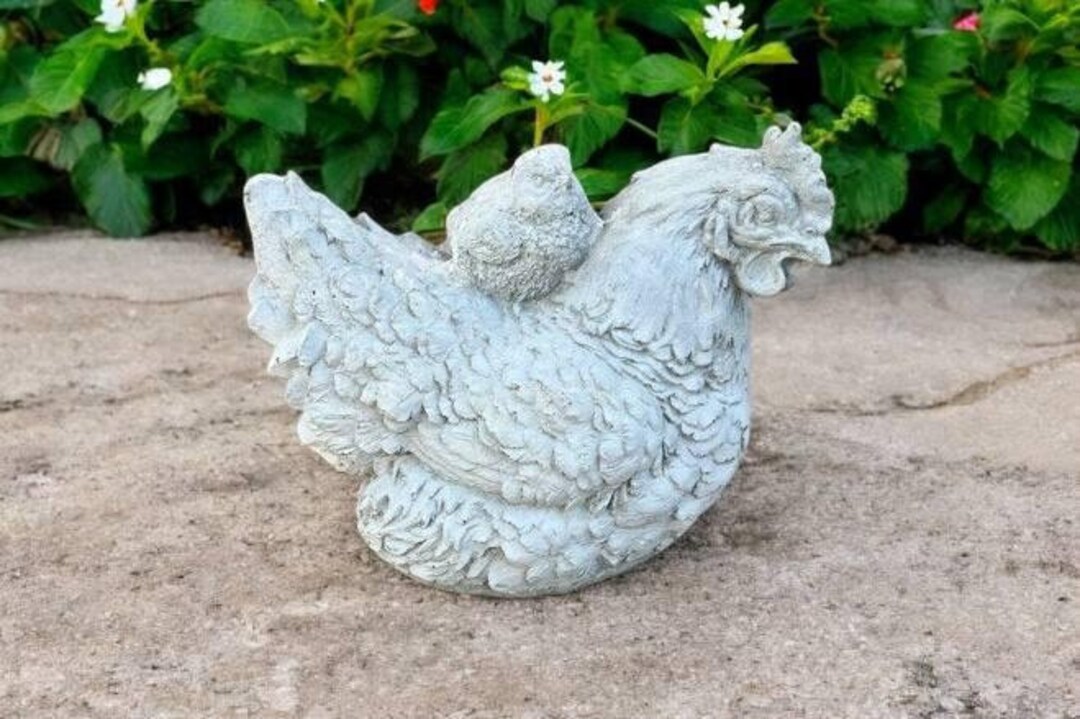 Stone Chicken With Chick, Concrete Farm Birds, Chicken Yard Statue ...