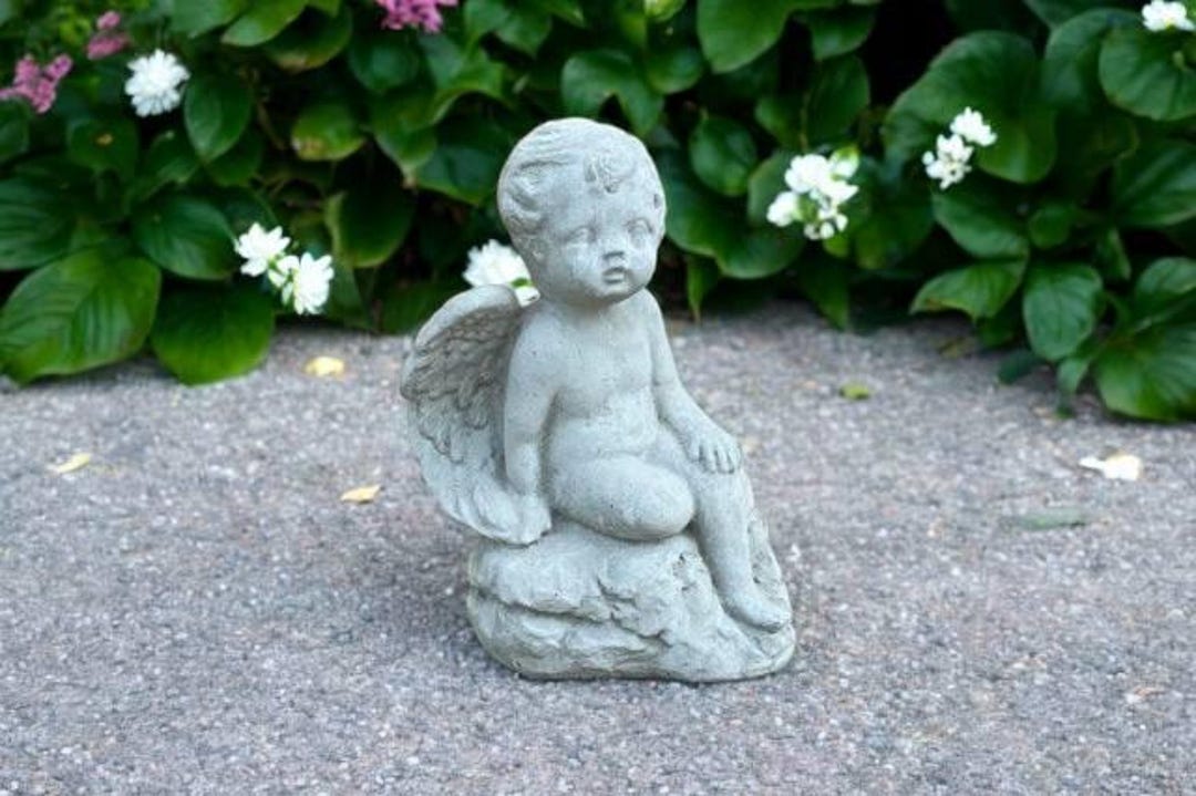 Sitting Cherub Statue, Concrete Boy Angel Figure, Sitting Boy in the ...