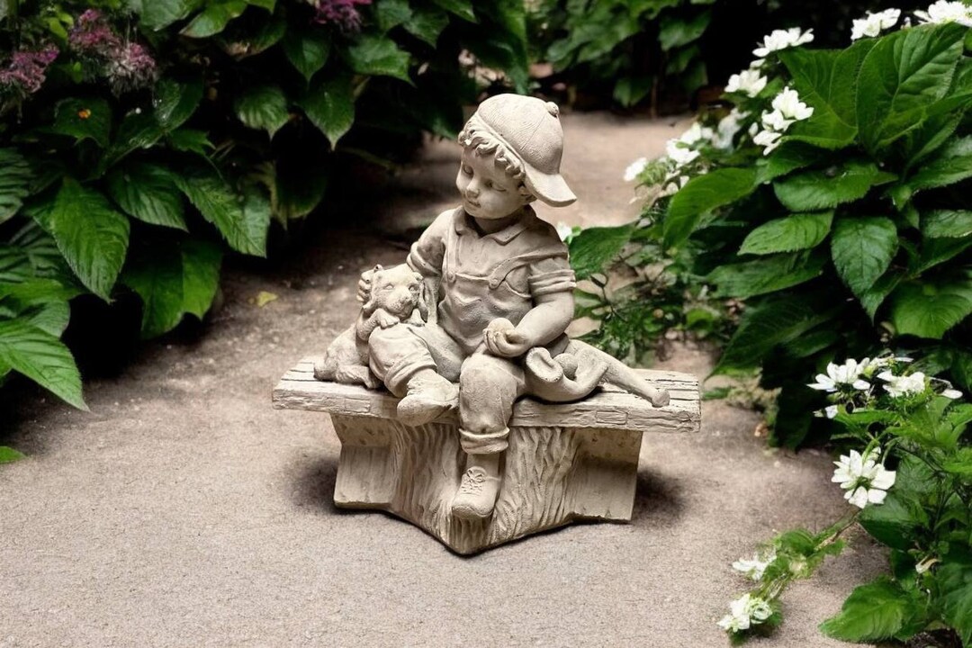 Cement Baseball Boy Figure, Garden Sitting Boy on Branch Statue ...