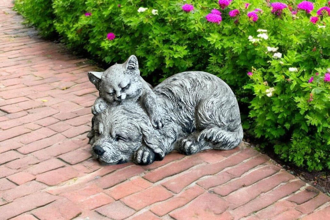 Dog With Cat Statue, Stone Pets Art, Sleeping Animals Sculpture, Kitten ...