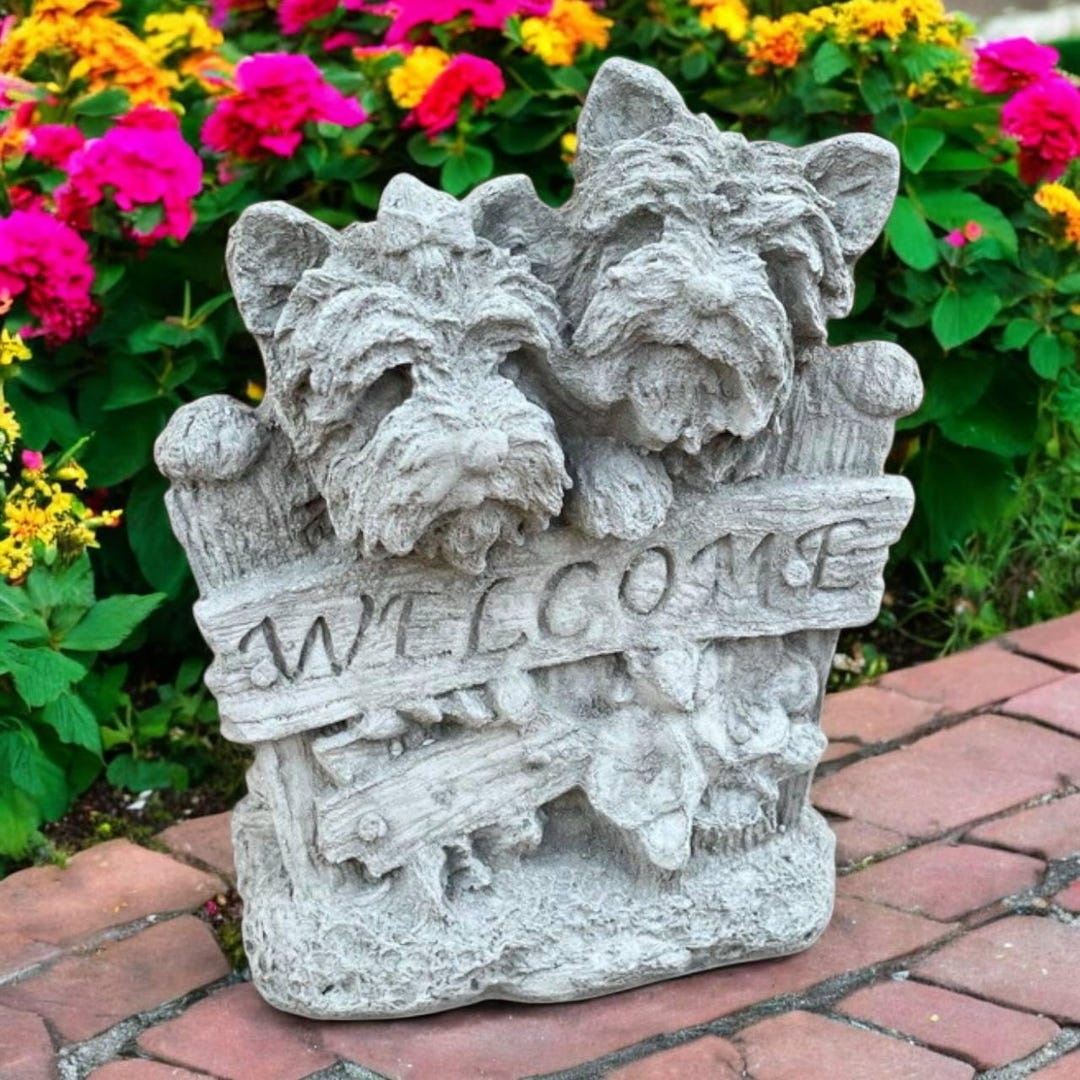 Two Yorkie Puppies, Stone Dog Sculpture, Welcome Home Sculpture, Pet ...