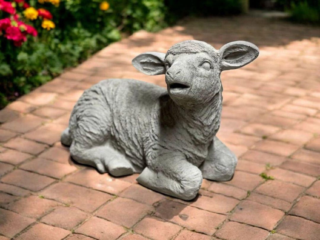 Farm Lamb Sculpture, Animal Outdoor Art, Stone Lamb Figure, Patio Home ...