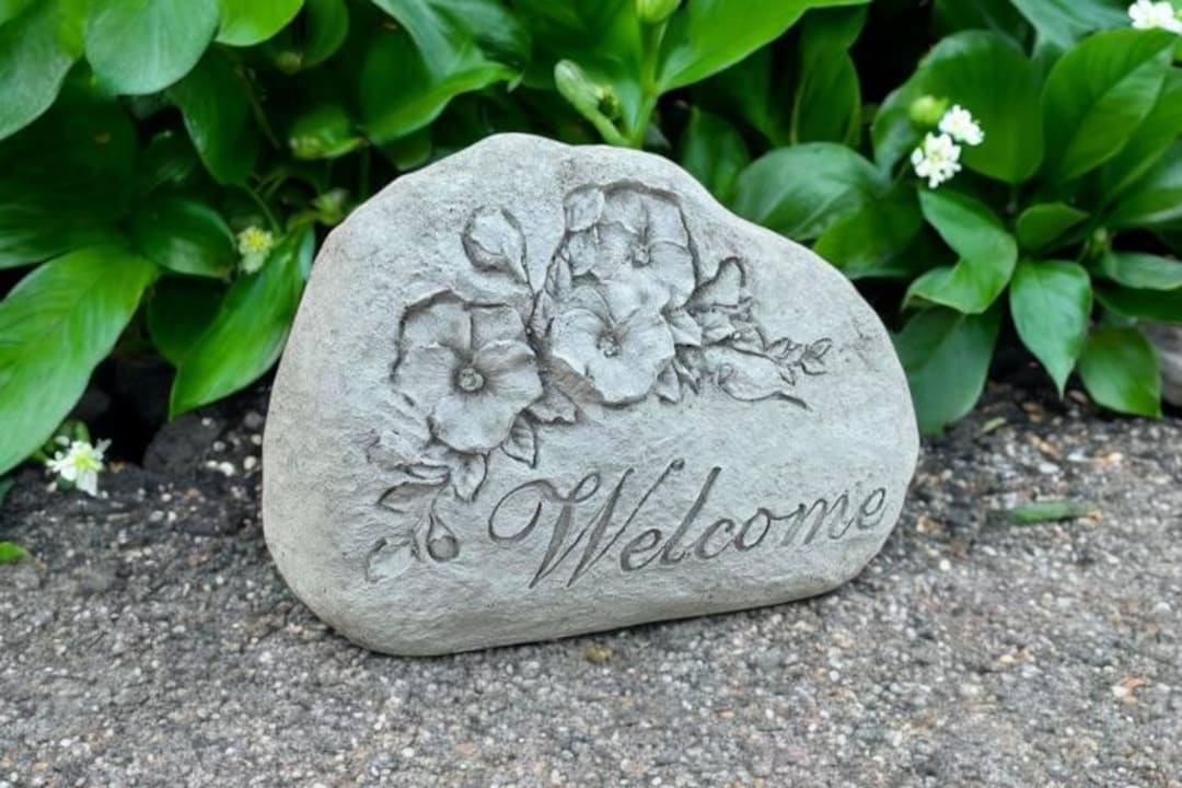 Outdoor Welcome Home Decor, Stone Welcome Rock, Garden Sign, Concrete ...