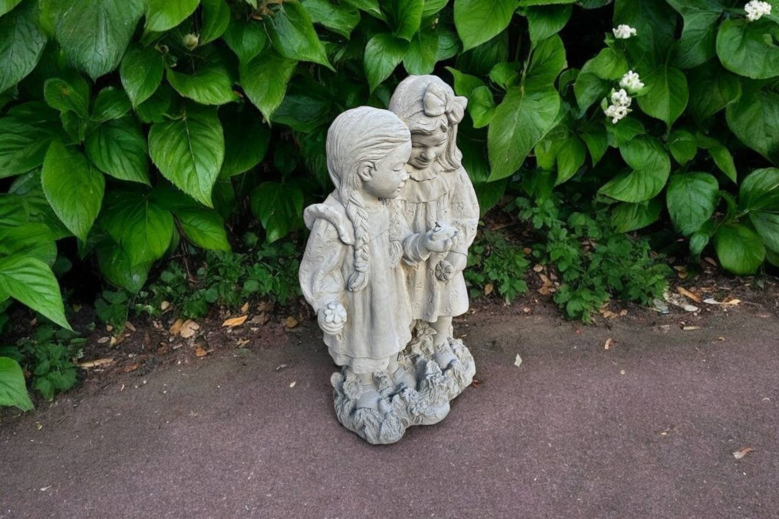 Standing Two Girls With Butterfly Statue, Backyard Cement Two Kids ...