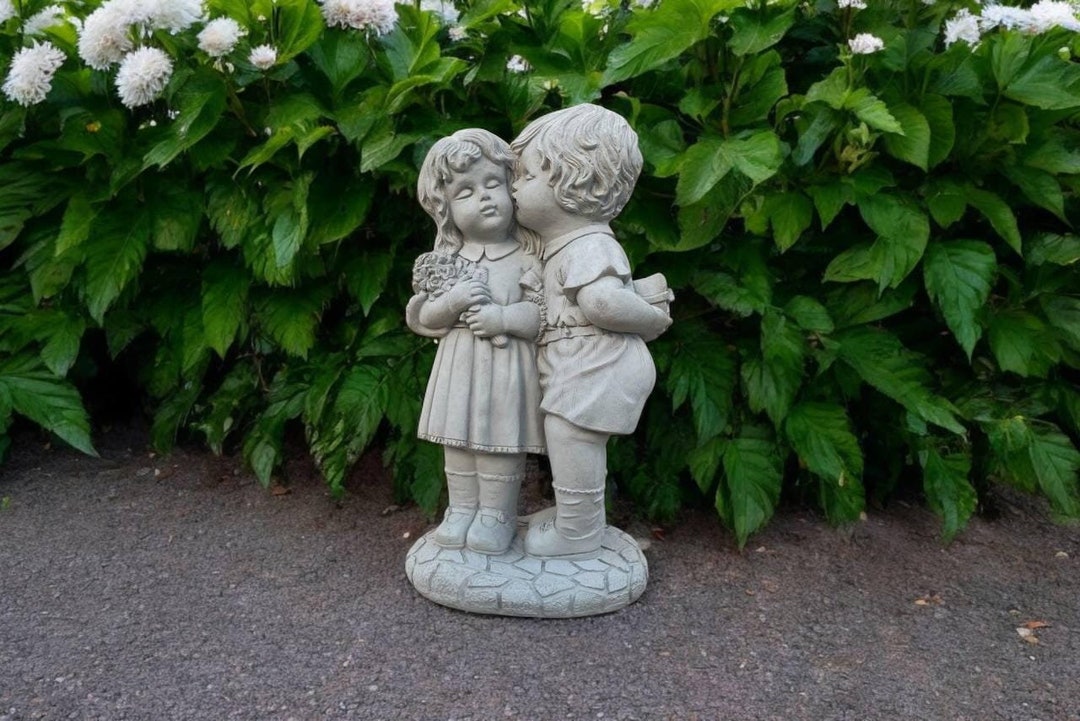 Stone Boy Kissing Girl, Girl With Flowers, Concrete Kids Sculpture ...