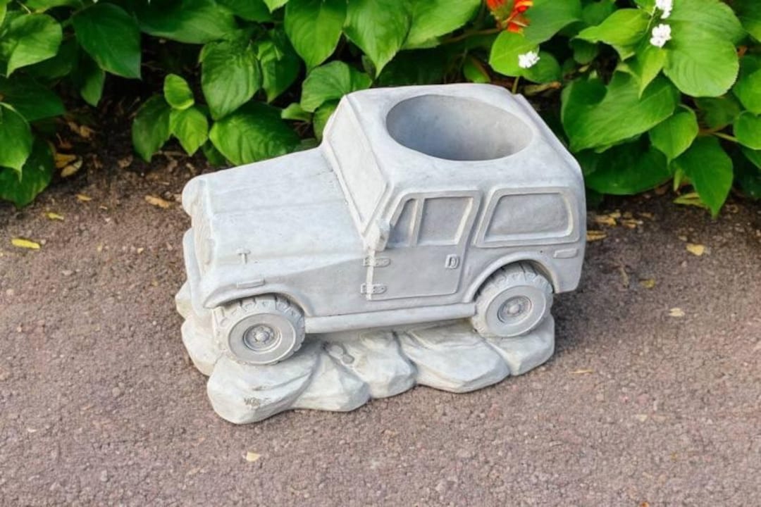 Concrete Jeep Flower Pot, Garden Planter, Stone Jeep on Base, Yard ...
