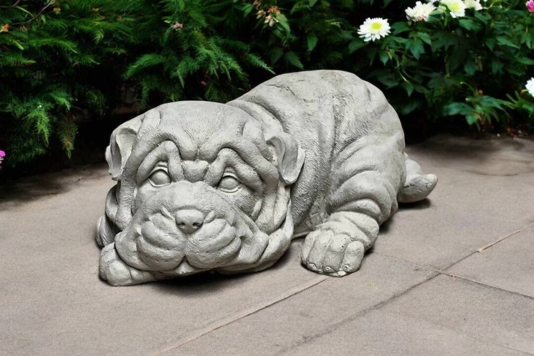 Cement Laying Puppy Sculpture, Concrete Wrinkled Dog Garden Figurine ...