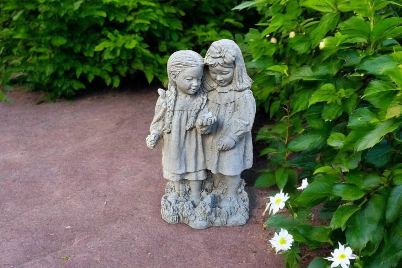 Standing Two Girls With Butterfly Statue, Backyard Cement Two Kids ...