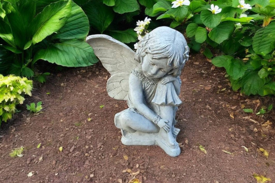 Stone Pixie Girl Figure, Sitting Pixie Child Statue, Outdoor Cement ...