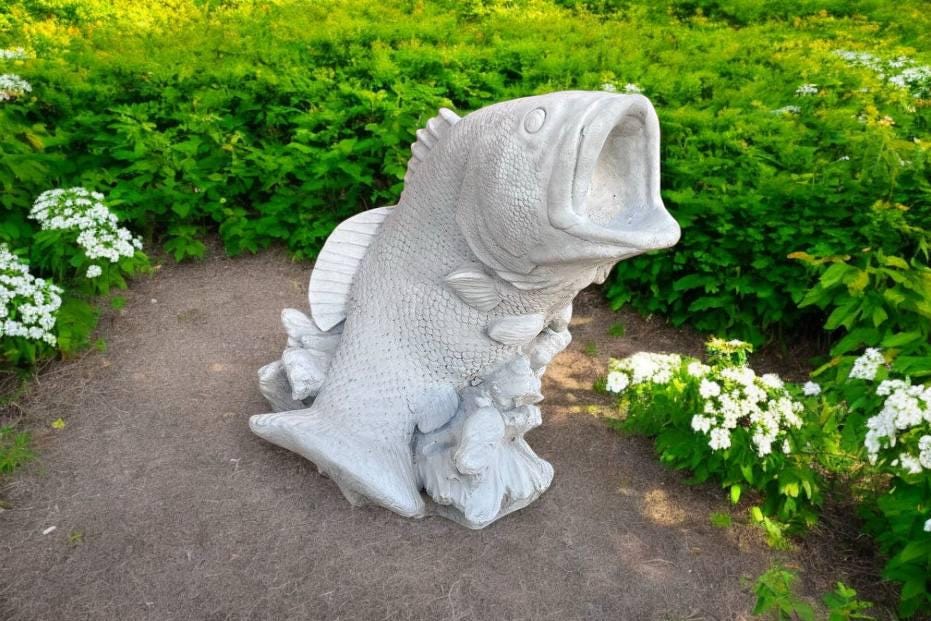 Cement Fish With Open Mouth Figure, Detailed Fish on Base Sculpture ...